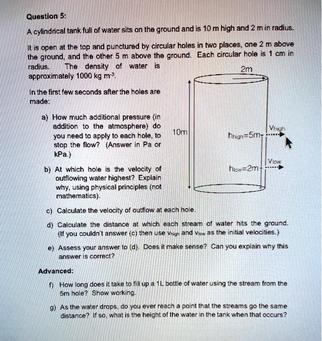 SOLVED: Queetion A cylindrical tank full of water sits on the ground and is 10 m high and 2 min ...