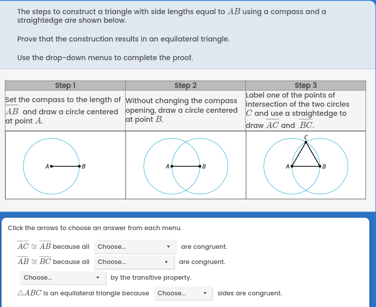 The steps to construct a triangle with side lengths equal to A B using a compass and a ...