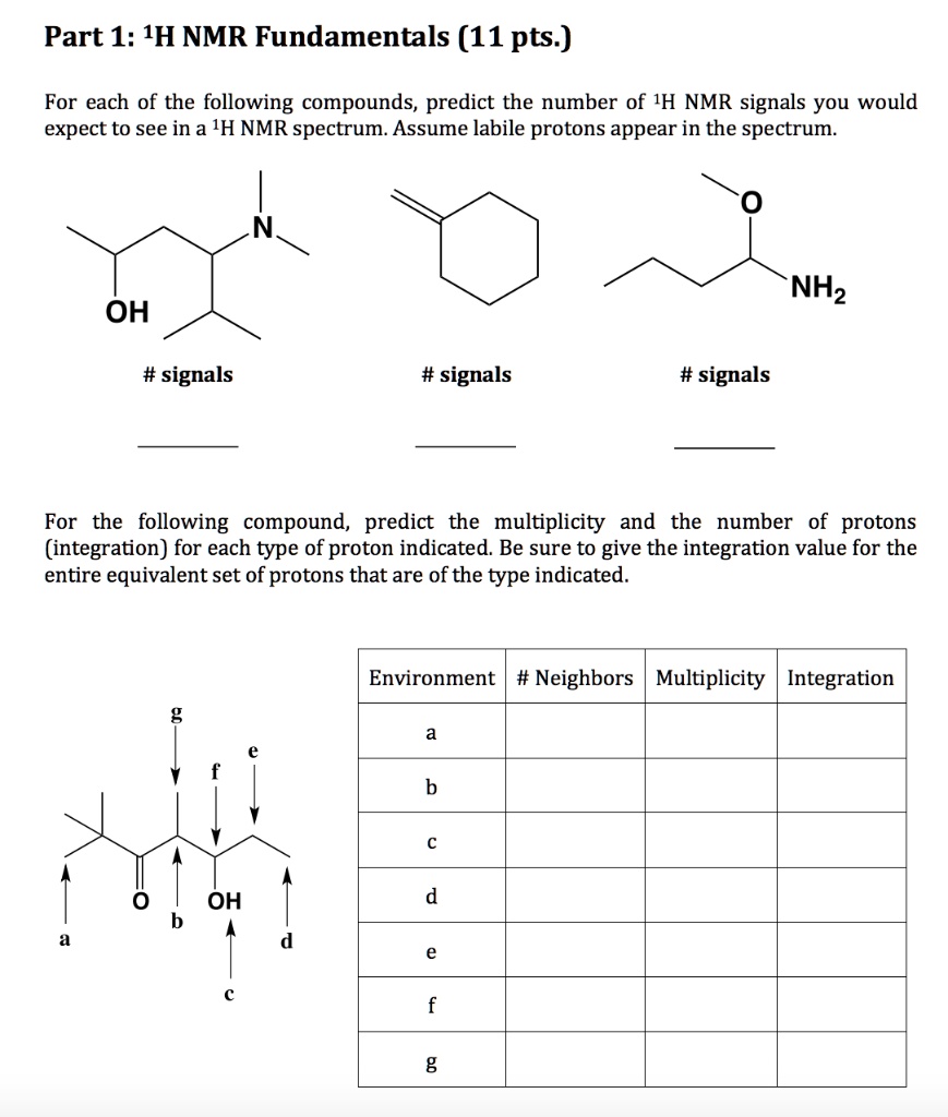 Part 1: 1H NMR Fundamentals (11 pts.) For each of the following ...