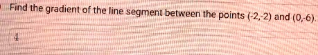 SOLVED: Find the gradient of the line segment between the points (-2,2) and (0-6).