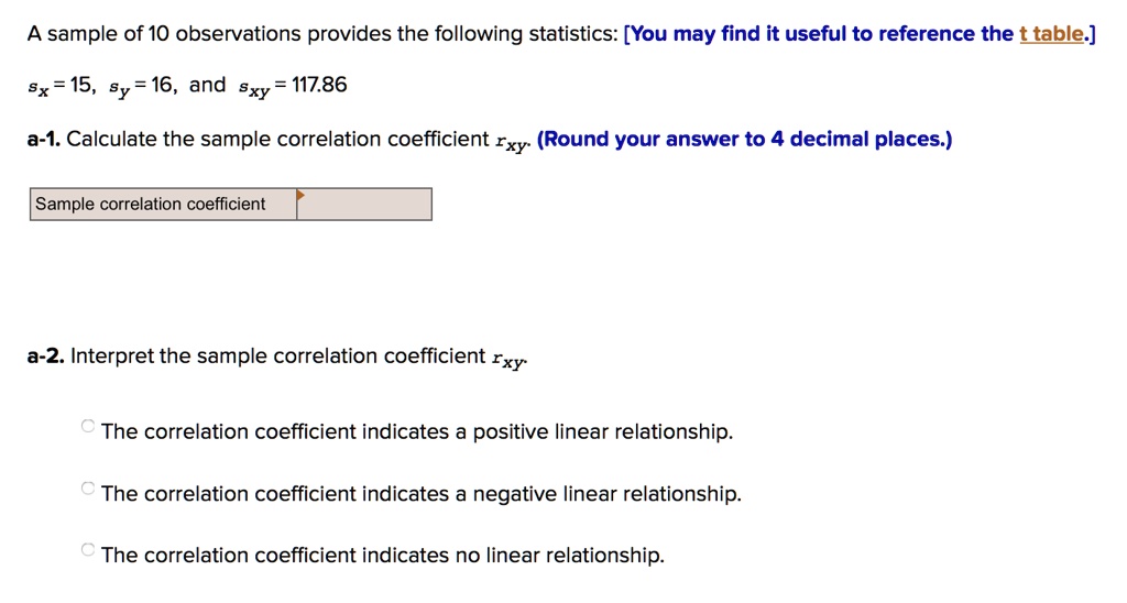 SOLVED: A sample of 10 observations provides the following statistics ...