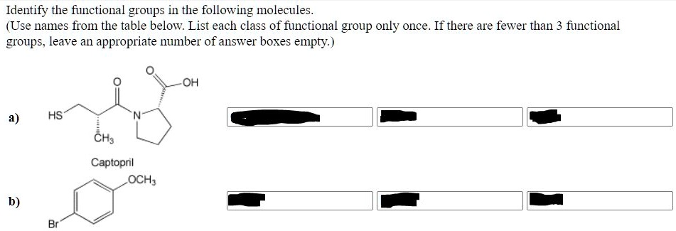 SOLVED: Identify the functional groups in the following molecules (Use ...
