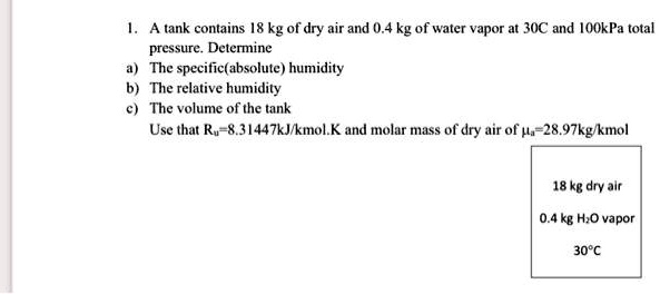 SOLVED: A tank contains 18 kg of dry air and 0.4 kg of water vapor at 30Â°C and [QOkPa] total ...