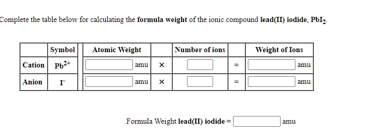 SOLVED: Complete the table below for calculating the formula weight of ...