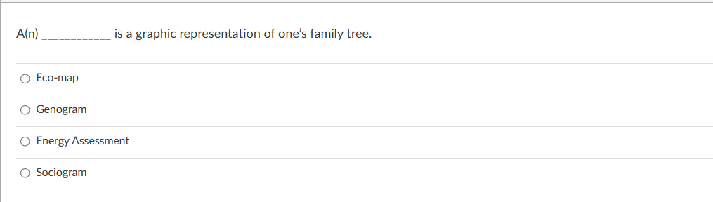A(n) is a graphic representation of one's family tree. Eco-map Genogram ...