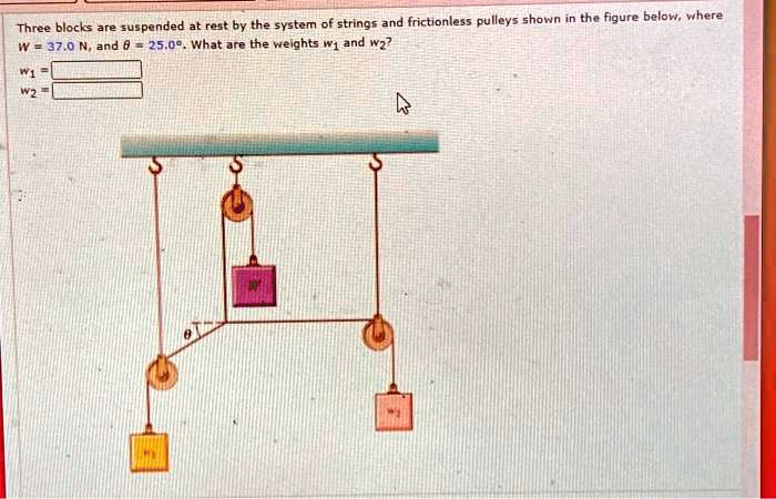 suspended at rest by the system of strings and frictionless pulleys shown the figure belowi ...