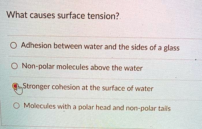 What causes surface tension? Adhesion between water and the sides of a ...