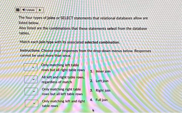 SOLVED: Texts: Listen The four types of joins or SELECT statements that ...