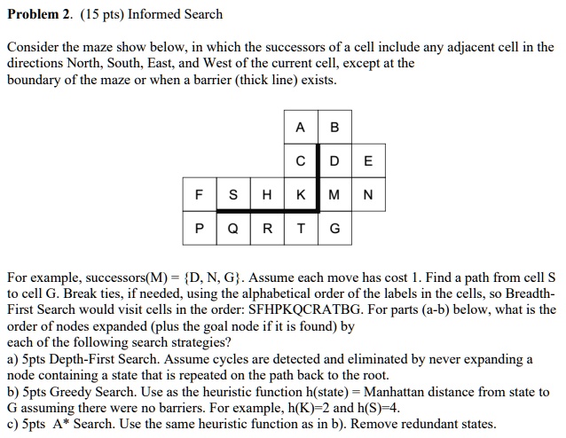 [GET ANSWER] Problem 2. (15 pts) Informed Search Consider the maze show below, in which the ...