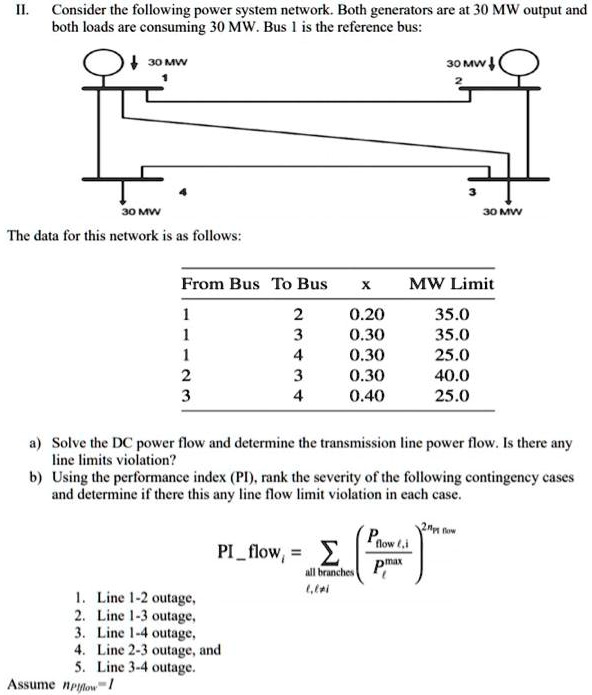 II. Consider the following power system network. Both generators are at 30 MW output and both ...