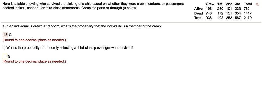 SOLVED: "b) What's the probability of randomly selecting a third-class passenger who survived ...