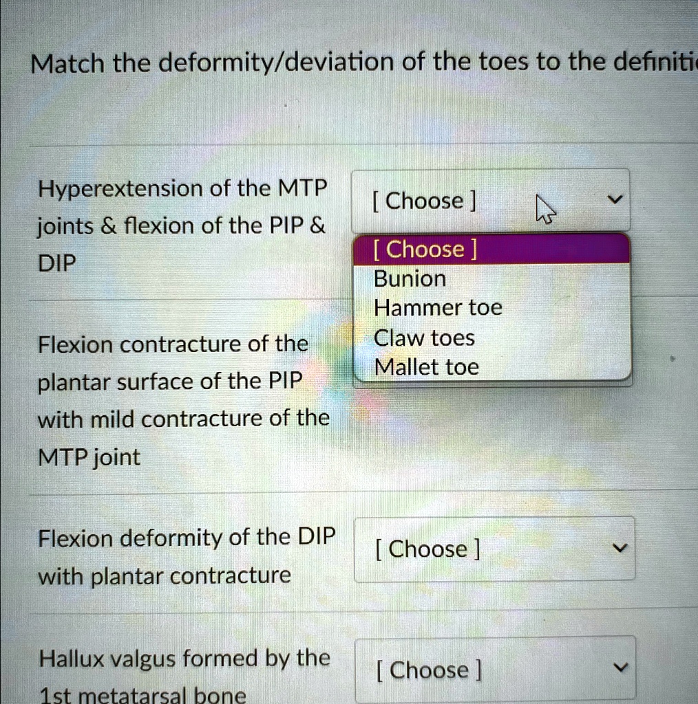 Match the deformity/deviation of the toes to the definiti ...
