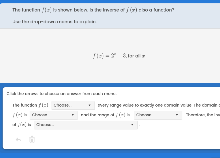 The function f(x) is shown below. Is the inverse of f(x) also a function? Use the drop-down ...