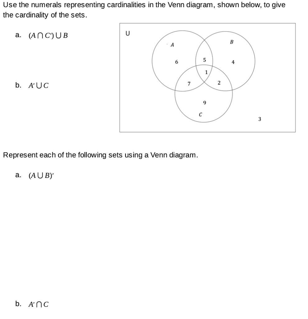 SOLVED: Use the numerals representing cardinalities in the Venn diagram ...