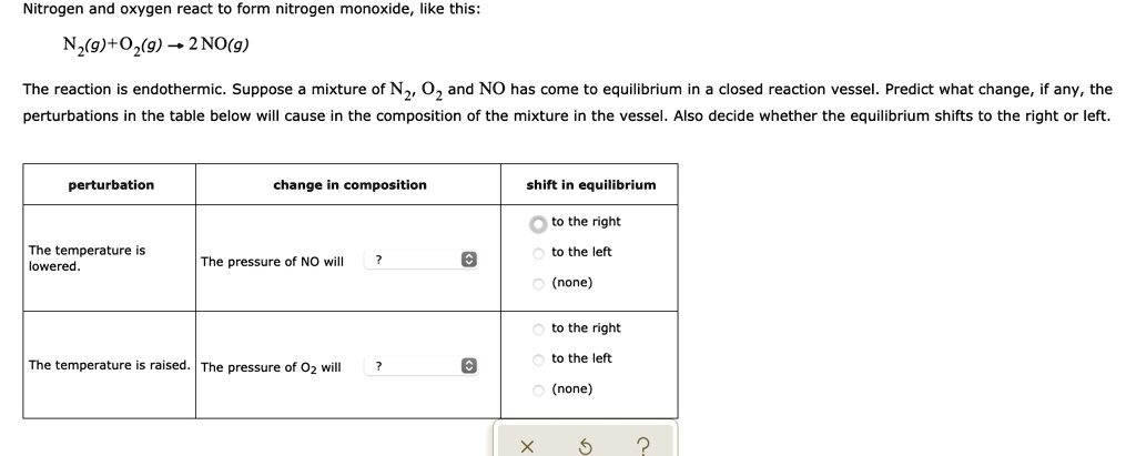 SOLVED: Nitrogen and oxygen react to form nitrogen monoxide, like this ...