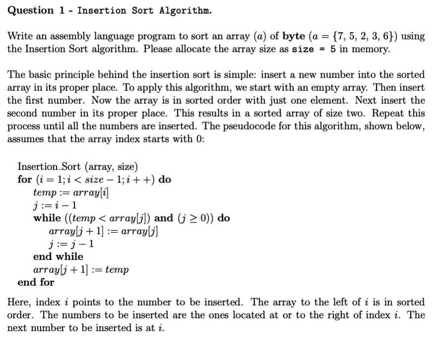 Solved Please Write Code In Assembly Language Question Insertion Sort Algorithm Write An