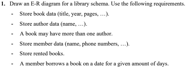 1 draw an e r diagram for a library schema use the following requirements store book data title ...