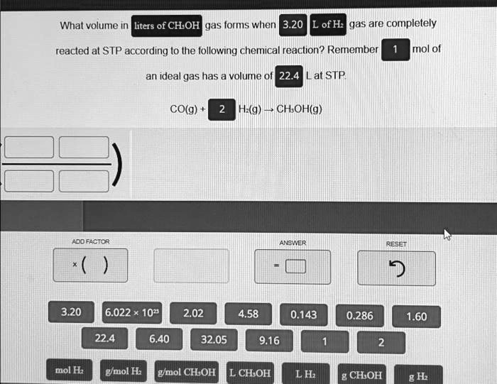 SOLVED: What volume in liters of CHOH gas forms when 3.20 L of H gas ...