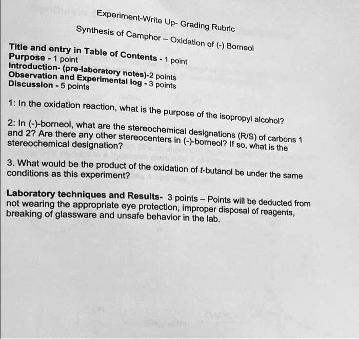 experiment write up grading rubric synthesis of camphor oxidation of borneol title and entry in ...