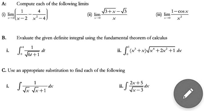 SOLVED: Compute each of the following limits: lim (3+4) - cos(x) x->0 lim (5 f(x+r+2v+1 x)) x ...