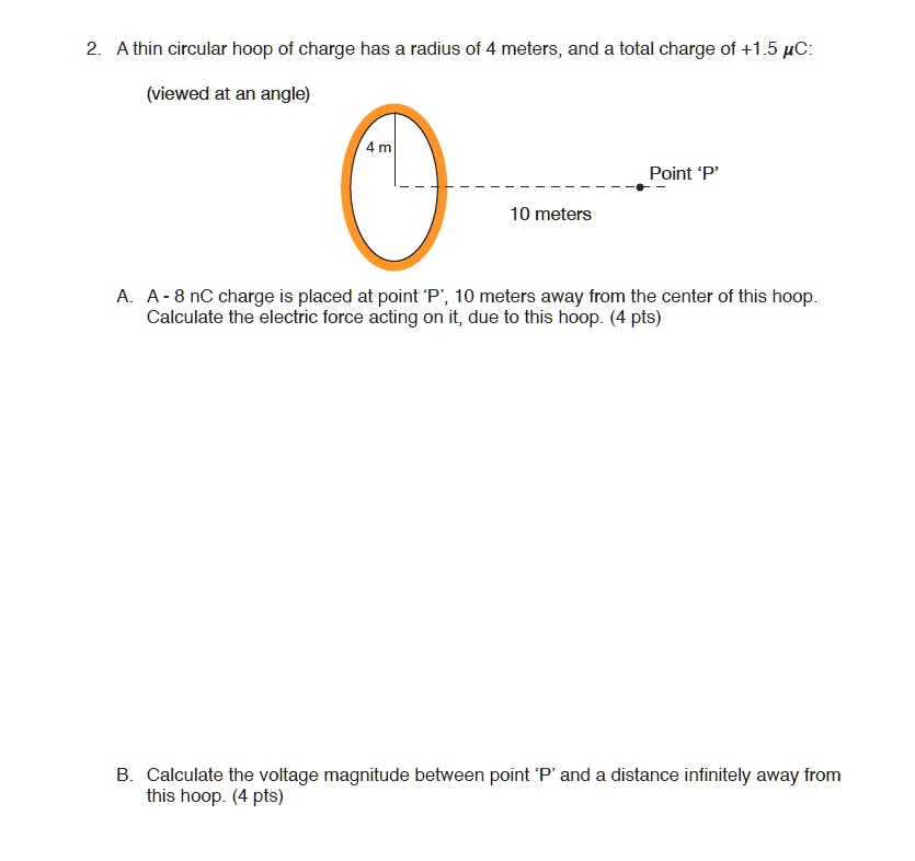 [1] A circular hoop of radius R made of a thin wire carries total charge +Q.a) When a particle ...