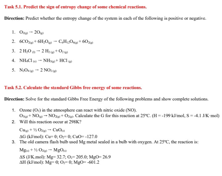 Task 5.1. Predict the sign of entropy change of some chemical reactions ...