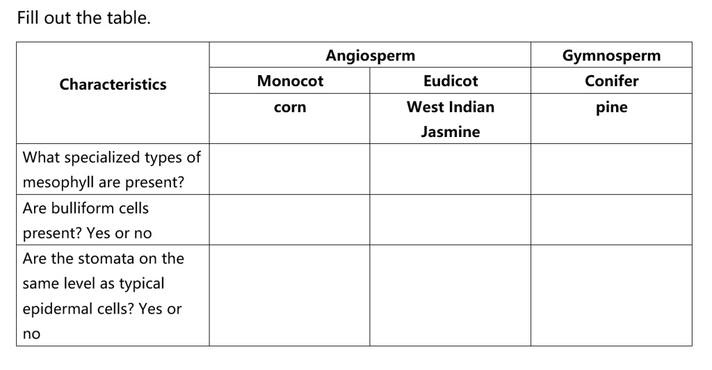 Fill out the table. Characteristics What specialized types of mesophyll ...