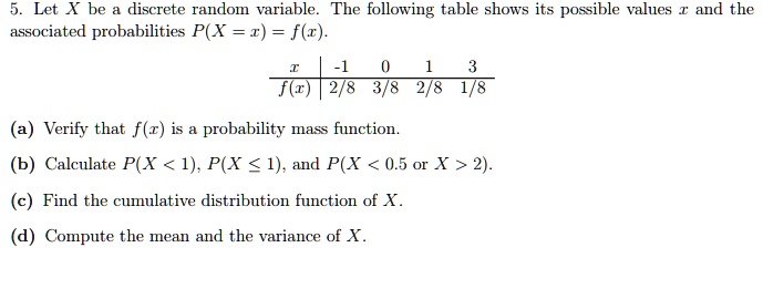 SOLVED: Let X discrete random variable The following table shows its possible values and the ...