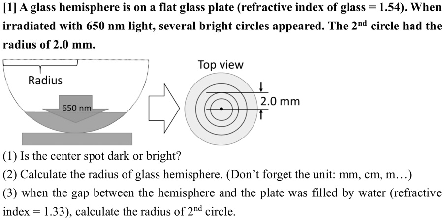SOLVED: A glass hemisphere is on a flat glass plate (refractive index ...