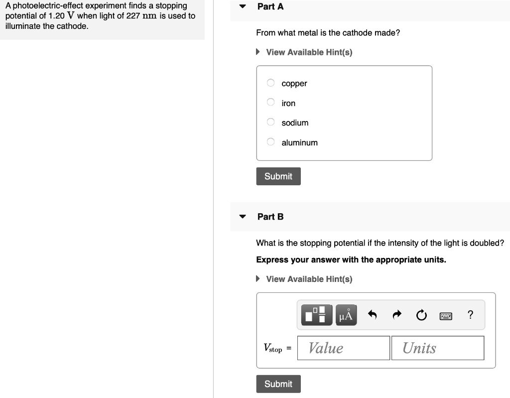 SOLVED: photoelectric-effect experiment finds a stopping potential of 1 ...