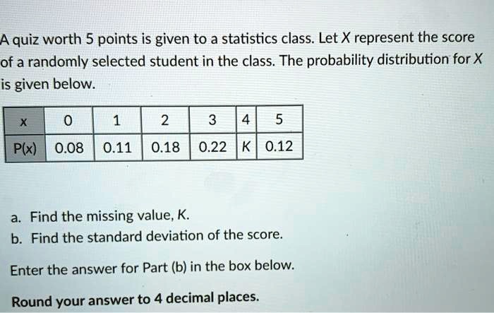 A quiz worth 5 points is given to a statistics class. Let X...