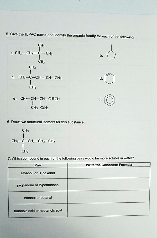 SOLVED: Give the IUPAC name and identify the organic family for each of the following: 1 ...