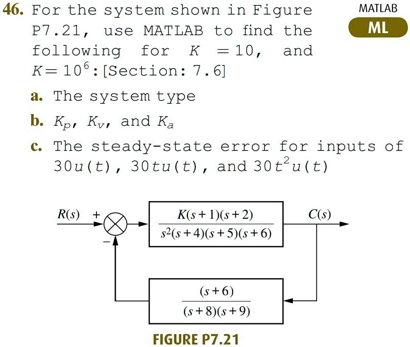 46. For the system shown in Figure P7.21, use MATLAB to find the following for K = 10, and K ...