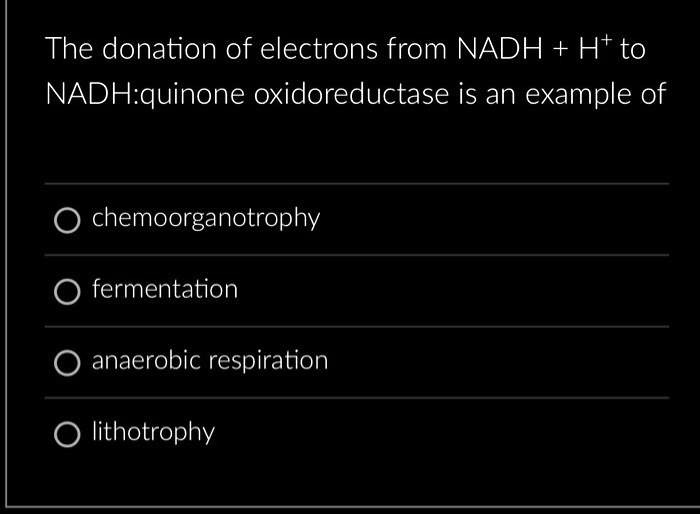 The donation of electrons from NADH + H+ to NADH:quinone oxidoreductase ...