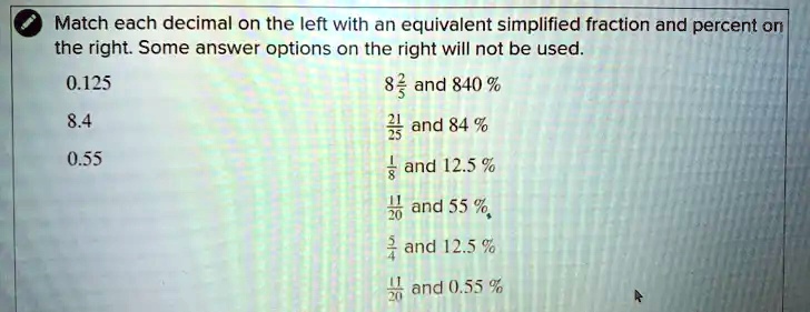 Match each decimal on the left with an equivalent simplified fraction ...