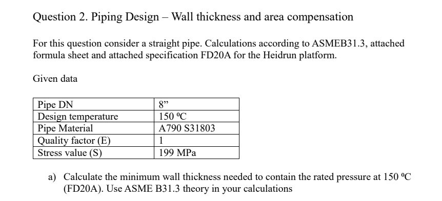 Question 2. Piping Design - Wall thickness and area compensation For this question consider a ...