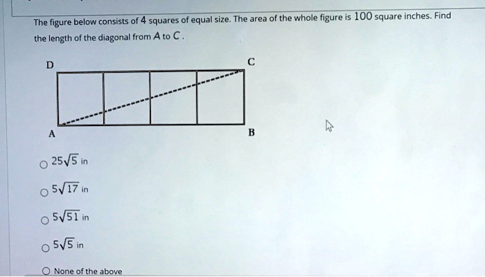 The figure below consists of 4 squares of equal size. The area of the ...