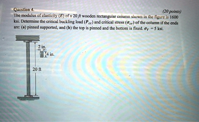 SOLVED: Question4. (20 points) The modulus of elasticity (E of a 20 ft ... SOLVED: Question4. (20 points) The modulus of elasticity (E of a 20 ft ...