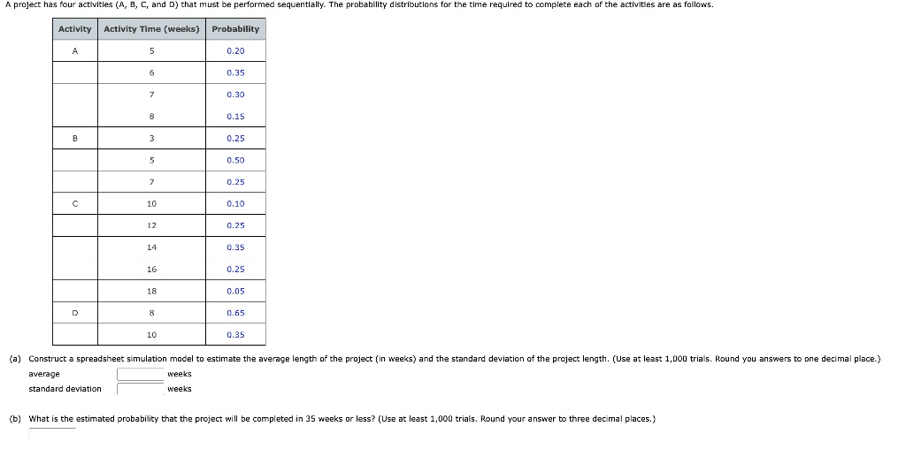 SOLVED: Activity Activity Time (weeks) Probability 5 0.20 6 0.35 7 0.30 8 0.15 B 3 0.25 5 0.50 7 ...