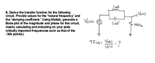 SOLVED: Derive the transfer function for the following circuit. Provide values for the natural ...