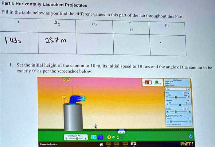 Part I: Horizontally Launched Projectiles Fill in the table below as ...