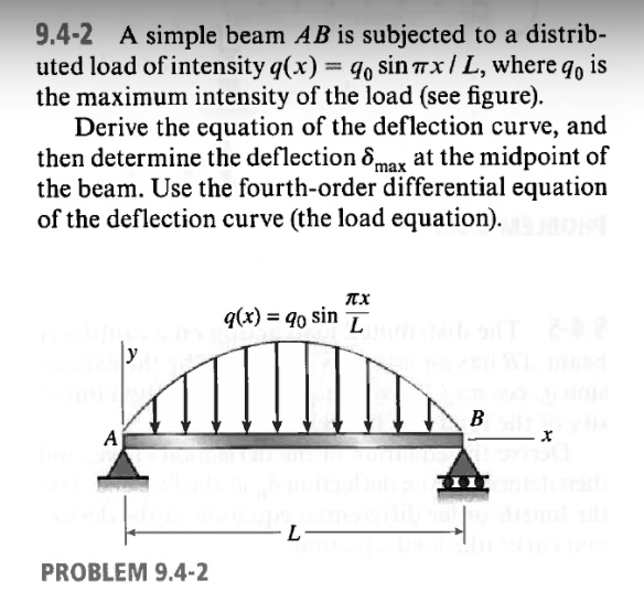 9.4-2 A simple beam AB is subjected to a distributed load of intensity q(x) = q0 sin(π x)/(L ...