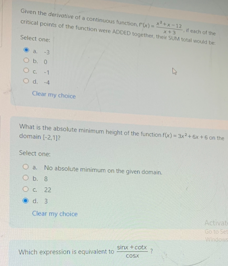 SOLVED: Given the derivative of a continuous function, f^'(x)=(x^2+x-12)/(x+3), if each of the ...