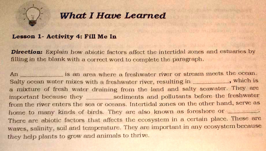 What I Have Learned Lesson 1- Activity 4: Fill Me...