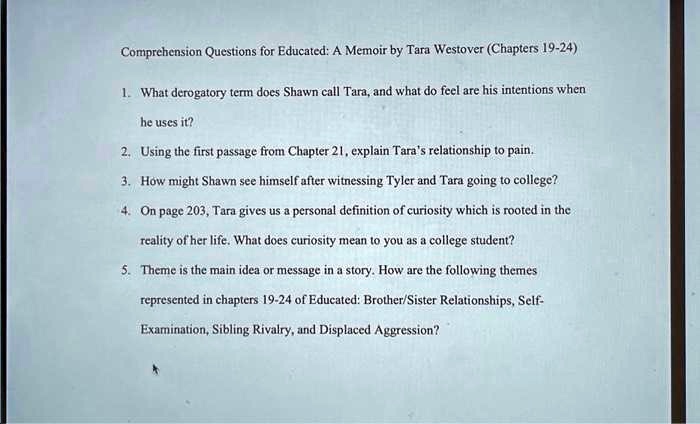 Comprehension Questions for Educated: A Memoir by Tara Westover ...