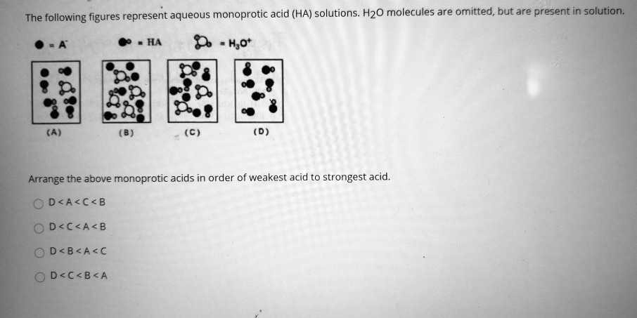 SOLVED: The following figures represent aqueous monoprotic acid (HA) solutions: H2O molecules ...