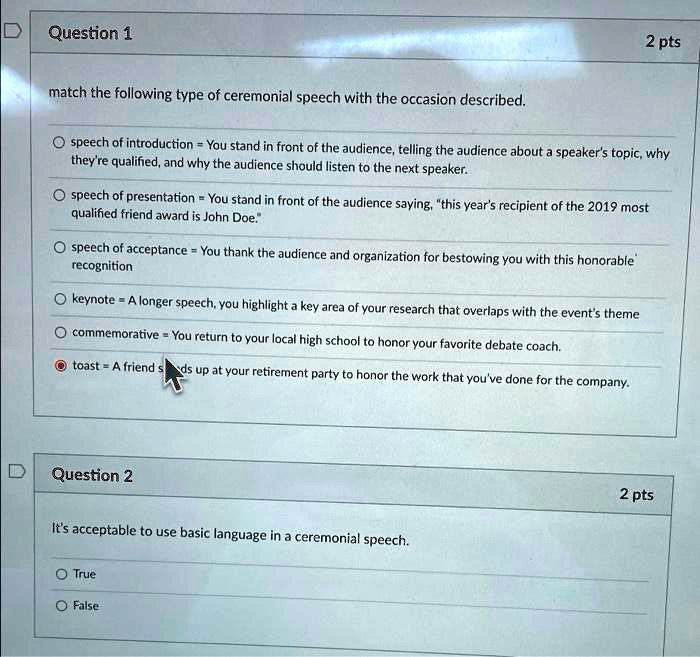 Match the following types of ceremonial speeches with the occasions ...