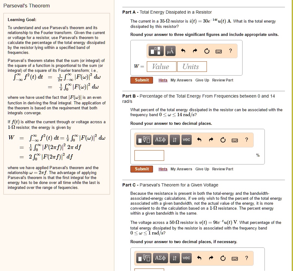 Solved Parsevals Theorem Part A Total Energy Dissipated In A