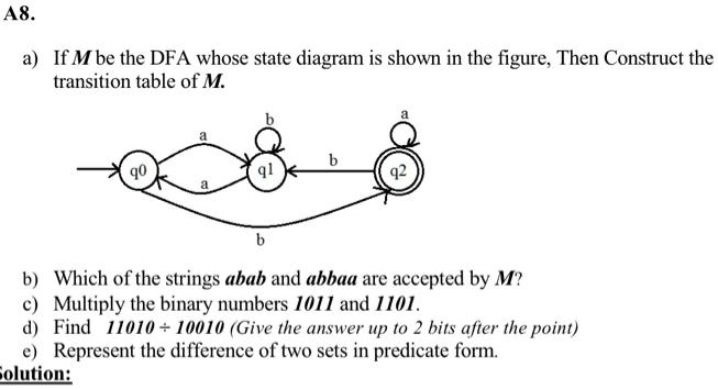 SOLVED: A8. a If M be the DFA whose state diagram is shown in the ...