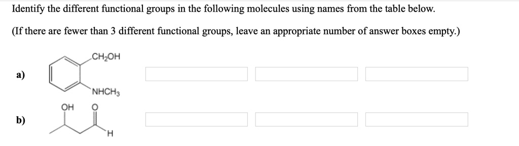 identify the different functional groups in the following molecules using names from the table ...